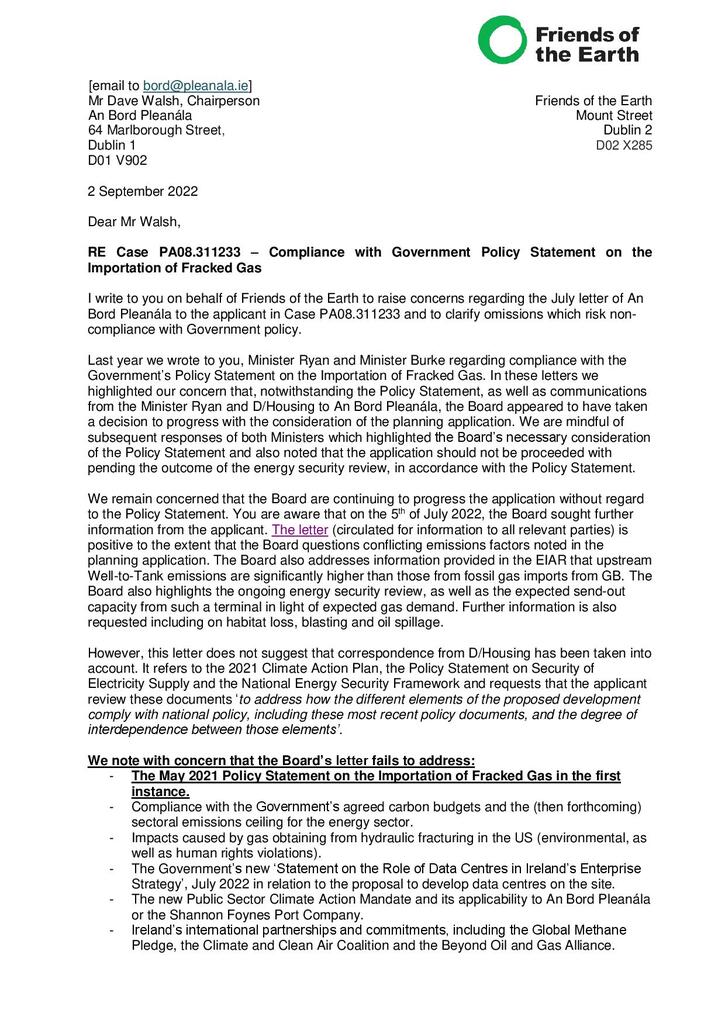 Letter to An Bord Pleanala about government policy on fracked gas ...